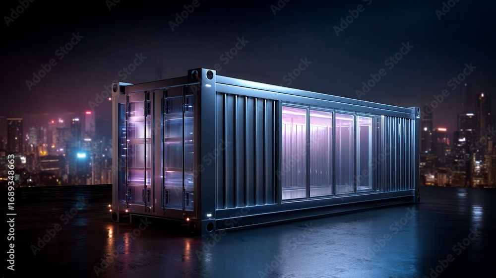 Futuristic illuminated shipping container with purple and blue lighting ...