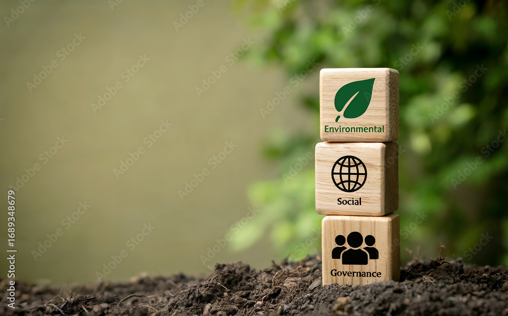ภาพถ่าย Stock ESG concept with wooden blocks stacked on soil, featuring ...