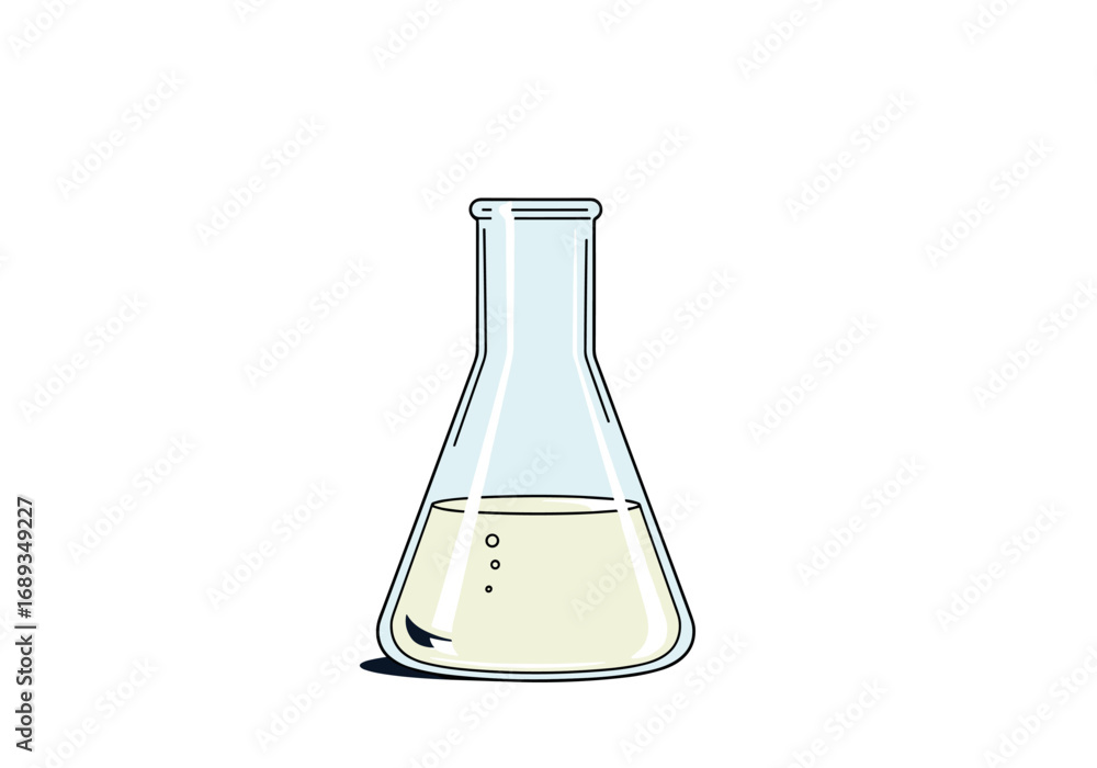 Laboratory erlenmeyer flask with clear liquid and small bubbles ...