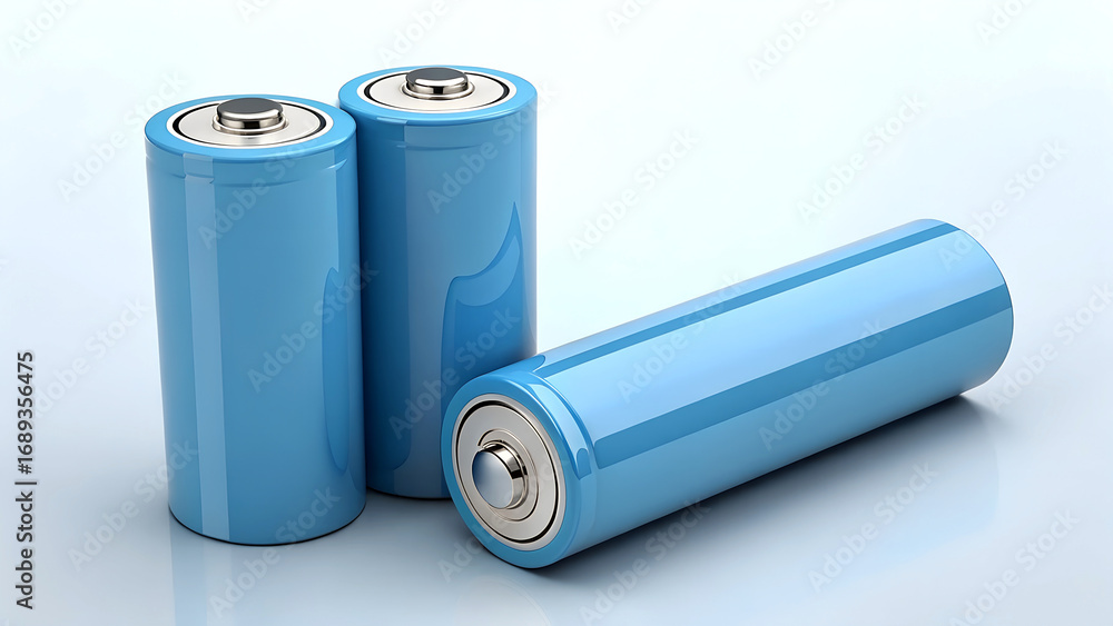 Blue lithium ion batteries on light backdrop. Suitable for electrical ...
