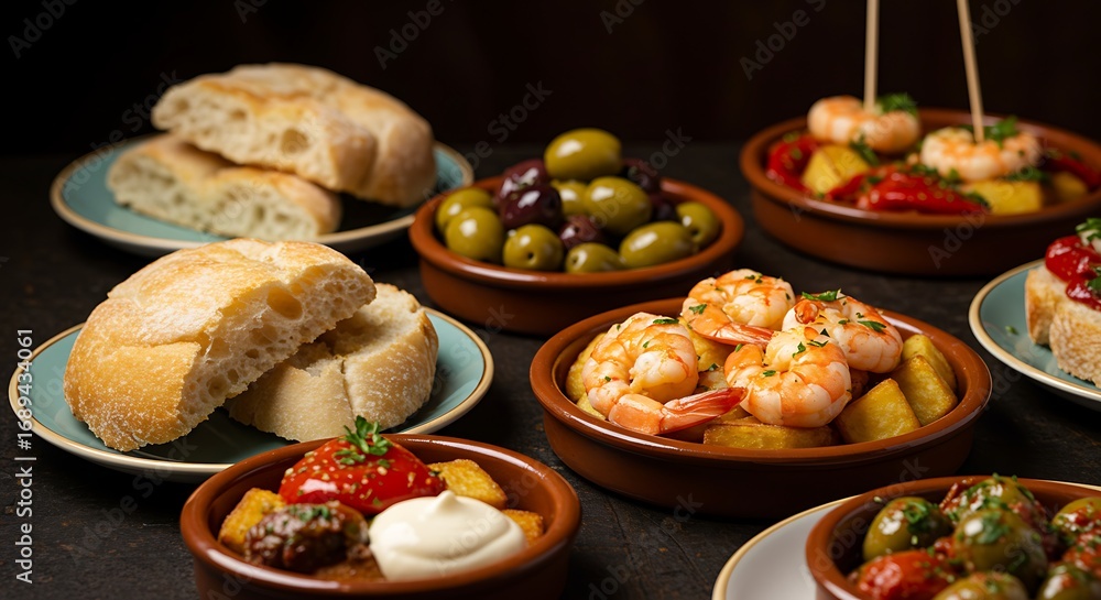 Authentic Spanish tapas selection with shrimp and olives. Stock Photo ...