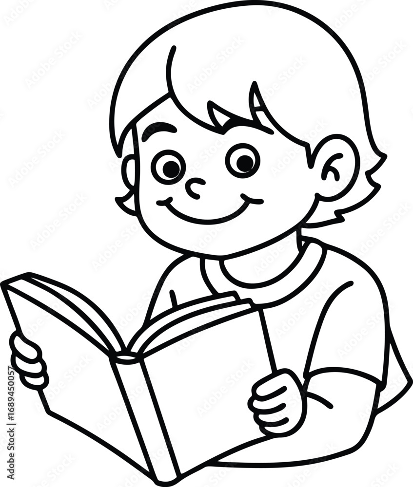 Boy reading book coloring page for kids Stock Vector | Adobe Stock