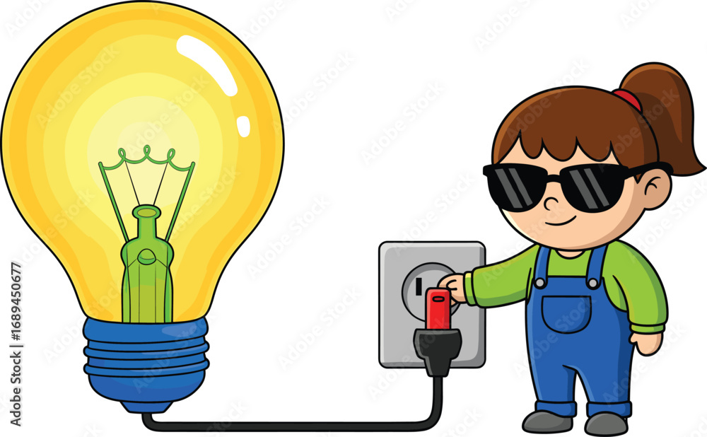 Cartoon child flipping switch to light bulb with outlet, educational ...