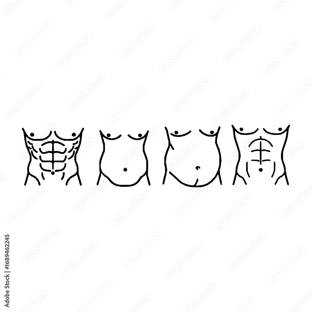 Four stylized line drawings of male torsos in different body types. The ...