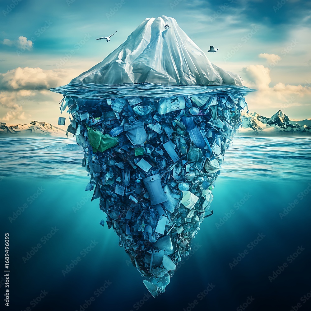 Foto de Stock Iceberg of plastic waste floating in the ocean with ...