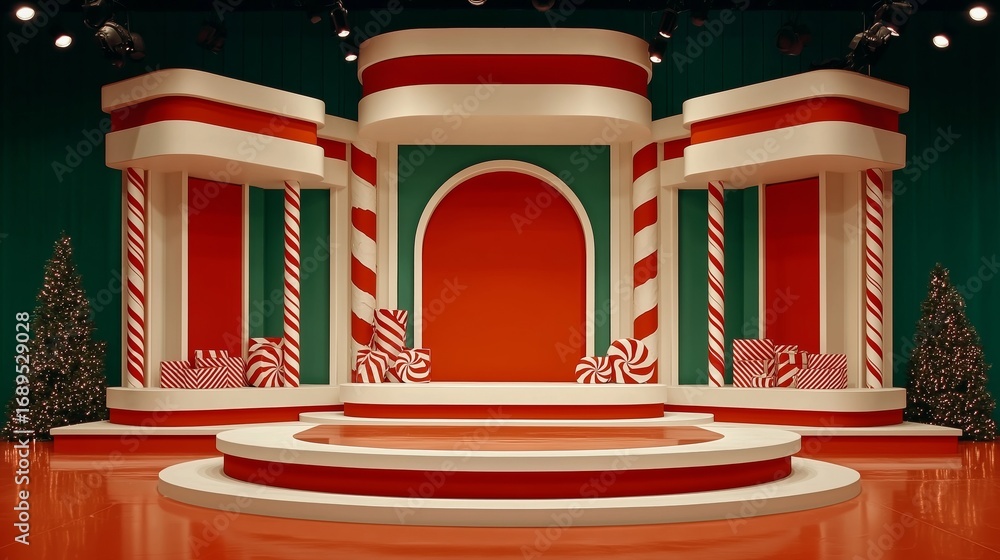 Festive holiday stage with Christmas trees presents and candy cane ...