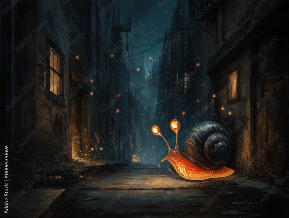 Giant snail glowing in dark alley with illuminated windows Stock Photo ...