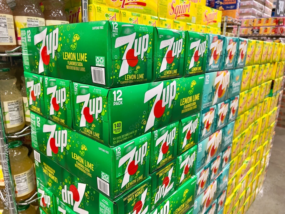 Pile of Carton boxes of made in USA Seven up 7up brand cans of ...