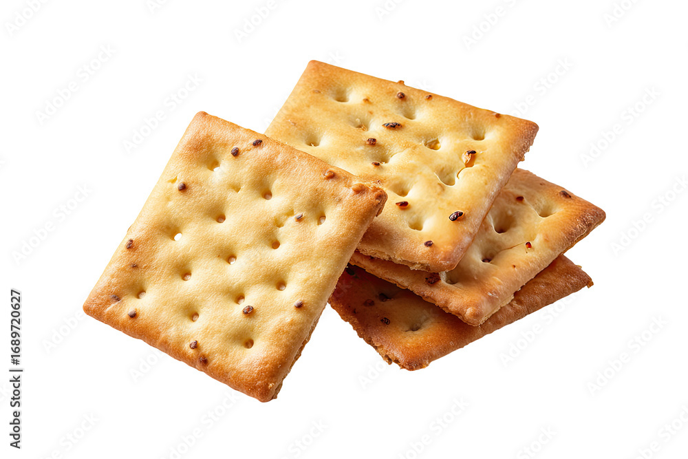 Stack of crispy, square crackers. Small, evenly spaced holes dot the ...