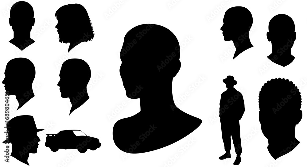 Set of sleek black silhouettes showcasing different human head shapes ...