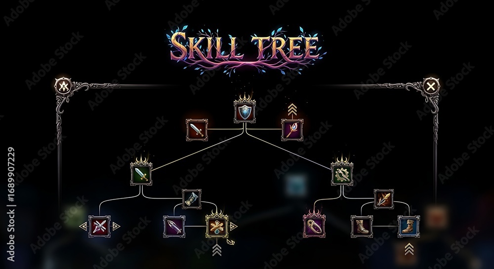 Intricate fantasy skill tree interface with glowing icons and branching ...