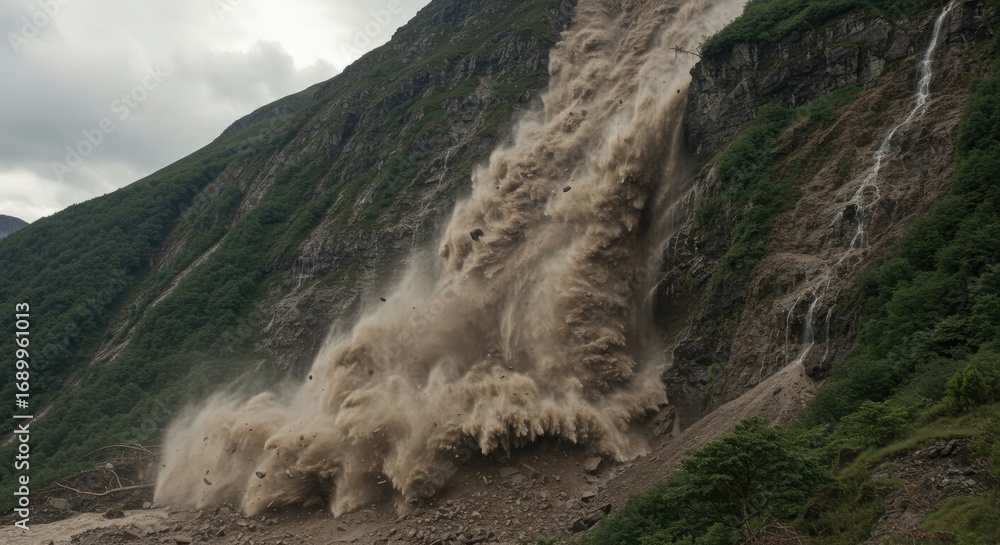 Massive Mudslide and Rockfall Descending Steep Mountain Slope Stock ...