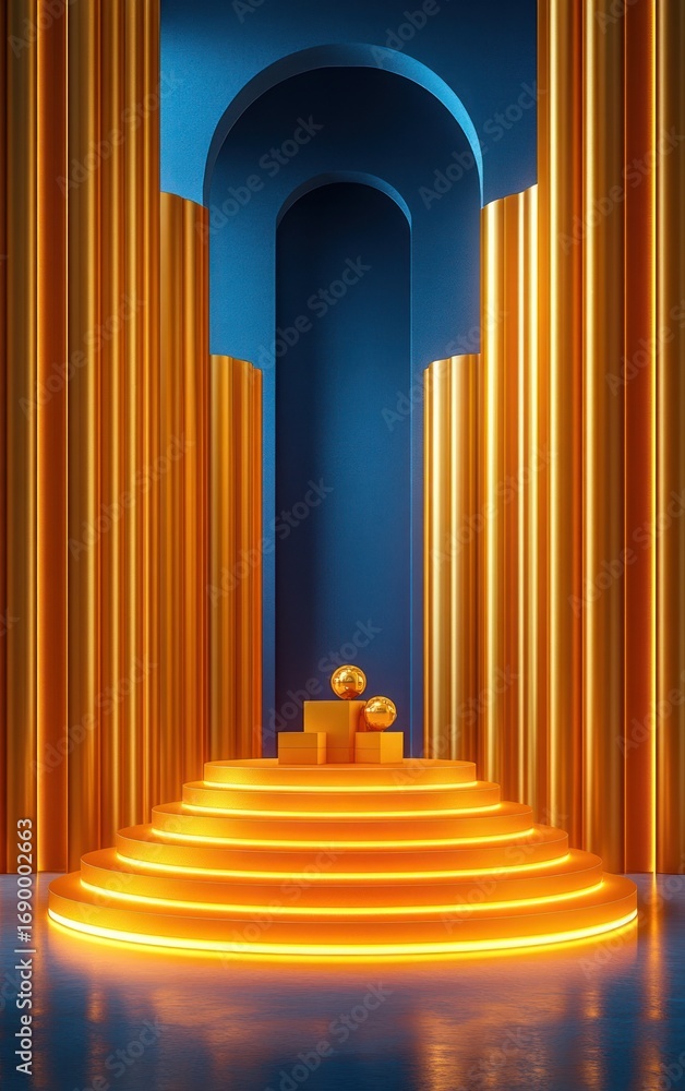 Fotografie Glowing golden circular steps leading to a platform with ...