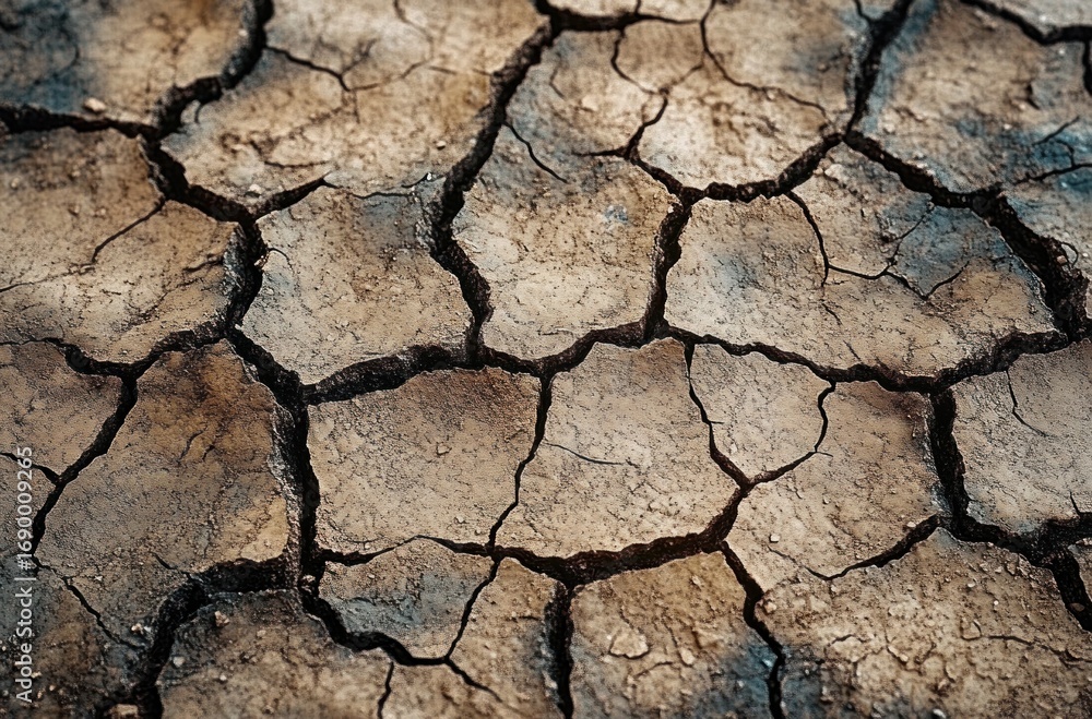 Close-up view of dry, cracked earth with deep fissures highlighting ...