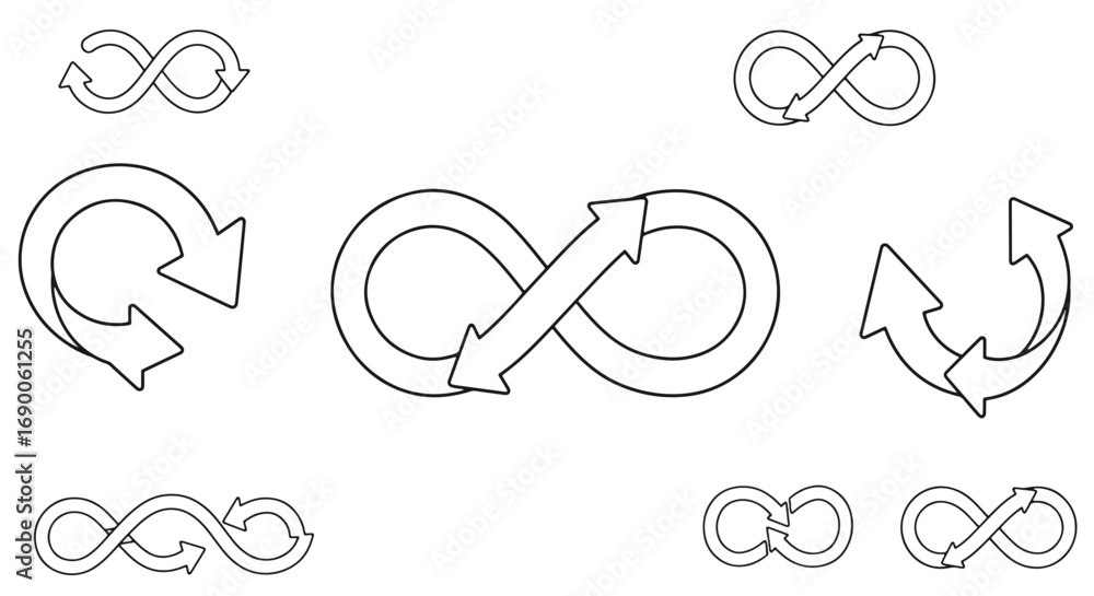 Various stylized infinity symbols with arrows, illustrating concepts of ...