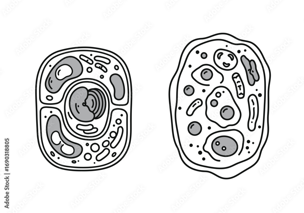 Animal and plant cell drawing. It is a line art diagram illustrating ...