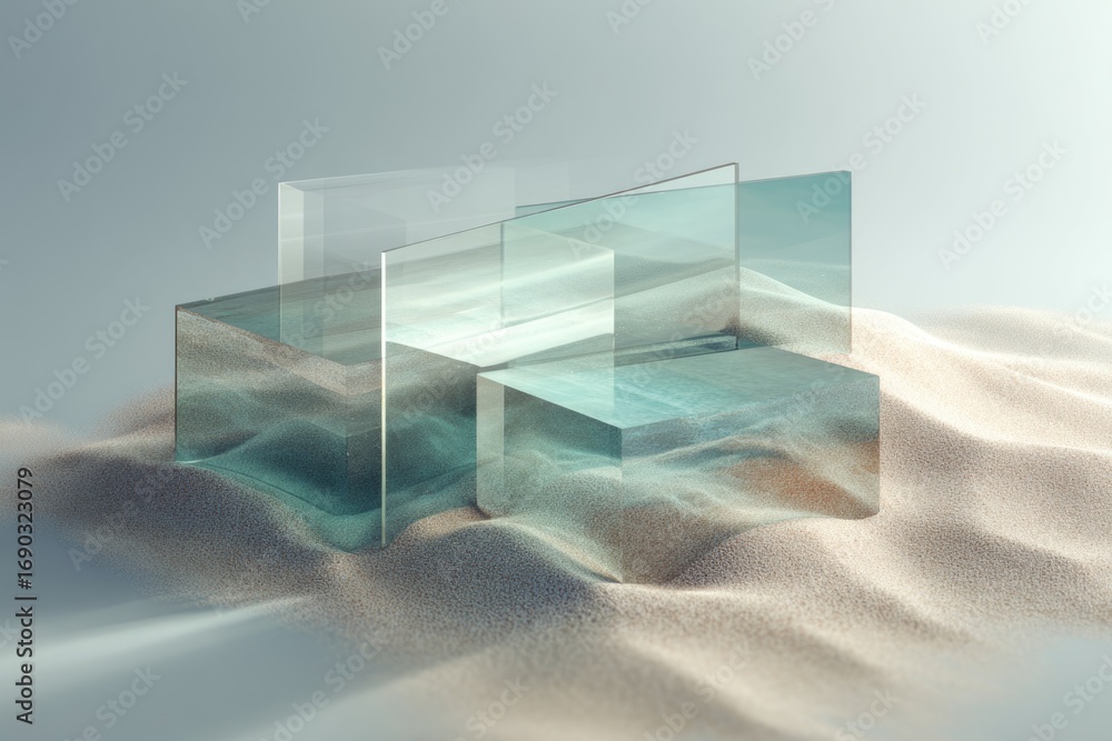 transparent glassmorphism UI shapes over subtle sand texture ...