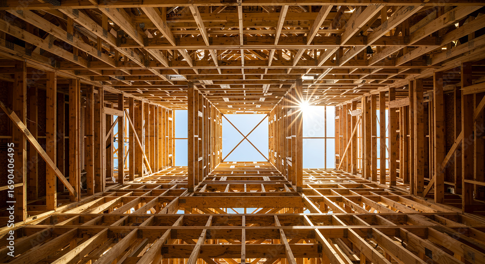 Interior view of a building under construction showing wooden framing ...