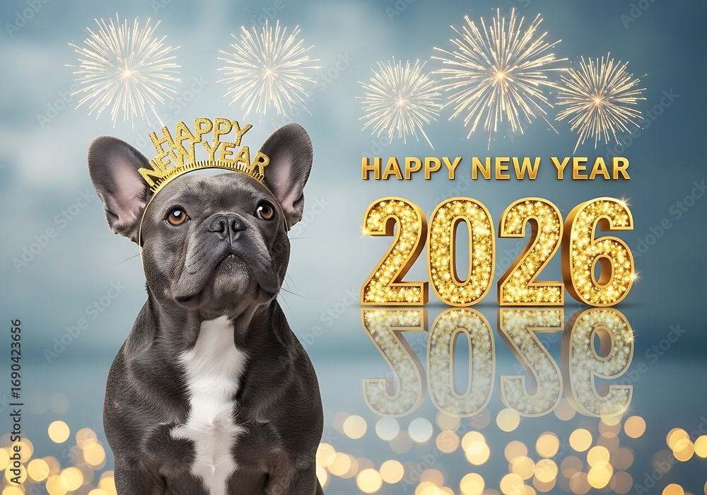 Festive french bulldog celebrates new year 2026 with fireworks and ...