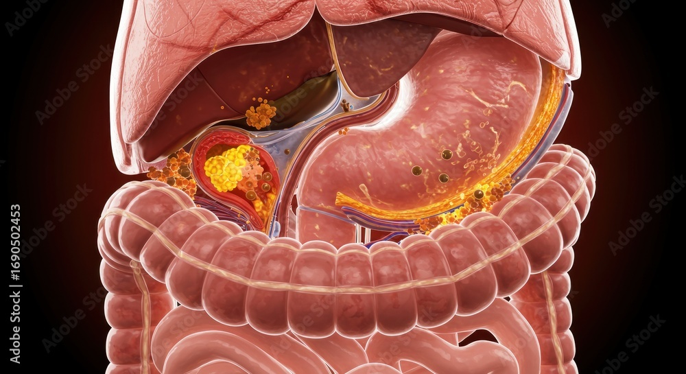 Illustration showing the human digestive system with the stomach, liver ...
