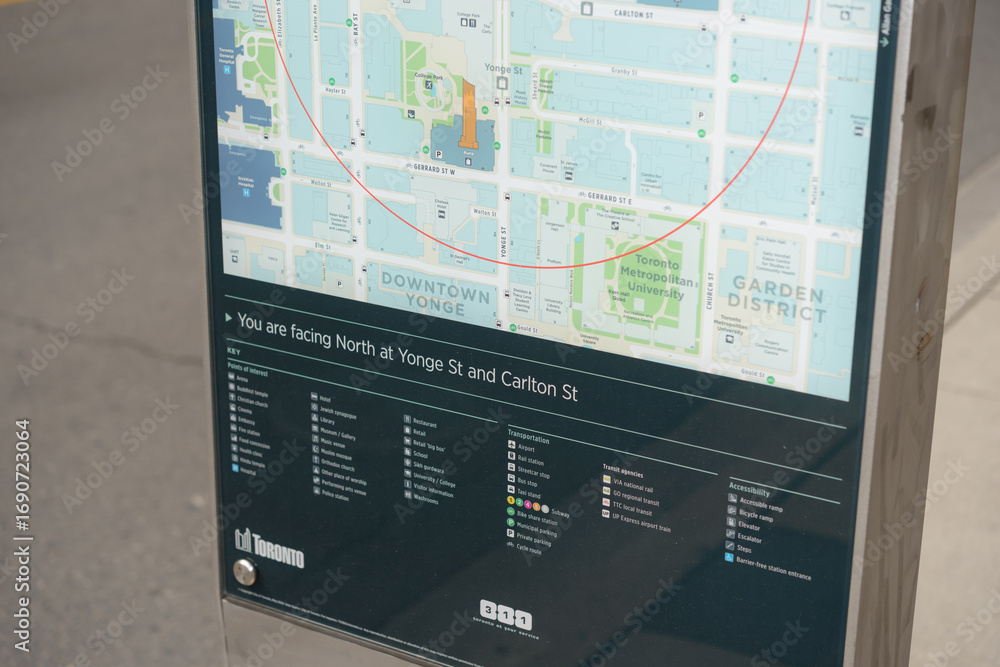 location marker with orientation and map: "You are facing North at ...