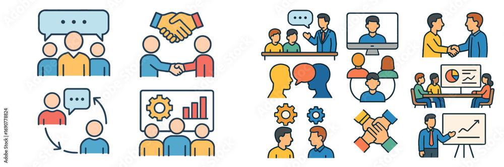 Colorful line icon set representing business teamwork, corporate ...