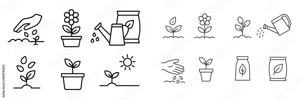 Set of line icons for gardening, planting, and plant growth with ...