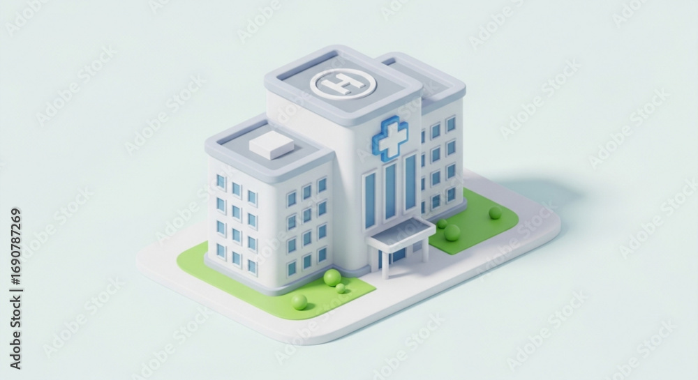 Isometric hospital building with a helipad on top, a symbol of ...