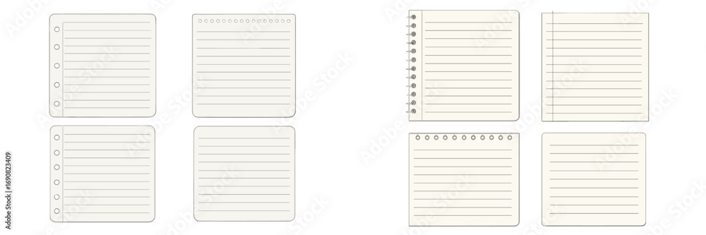 Collection of blank lined notebook paper sheets, spiral notepad pages ...