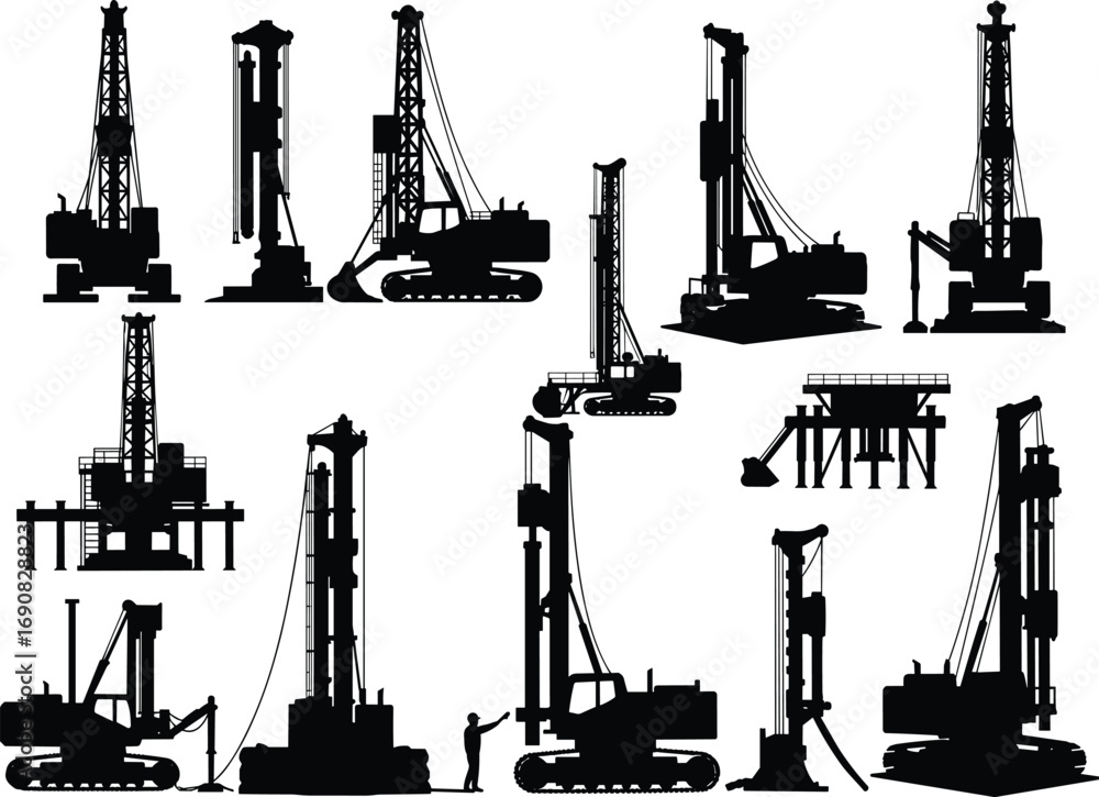 Heavy drilling machine silhouettes, construction rig equipment, pile ...