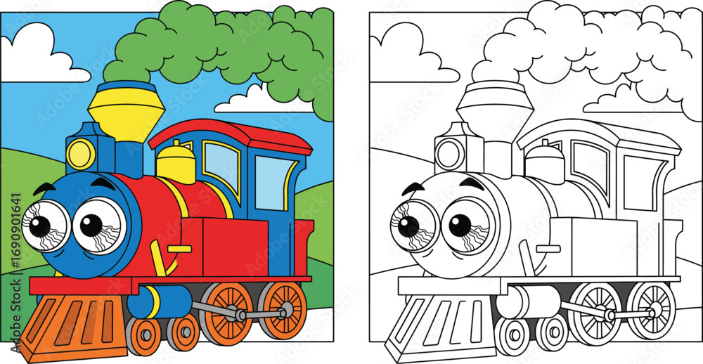 Cute Cartoon Steam Train Engine Coloring Book Page for Kids Stock ...