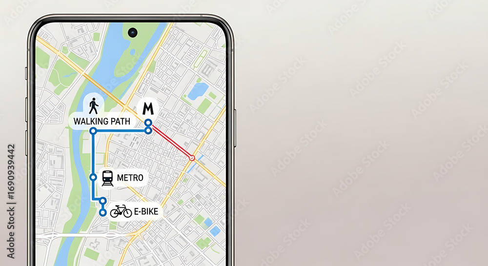 Smart Device with a City Map Displaying a Walking Route with Metro and ...