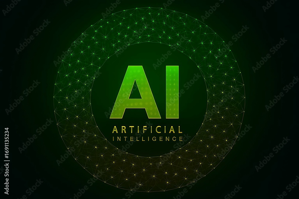 Glowing green ai artificial intelligence text with digital network ...