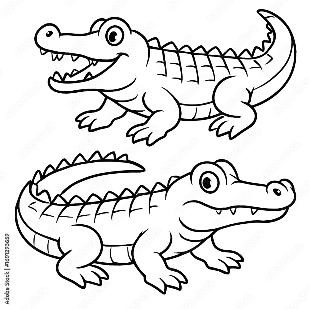 Vector de Stock Two Adorable Cartoon Alligators & Crocodiles Line Art ...