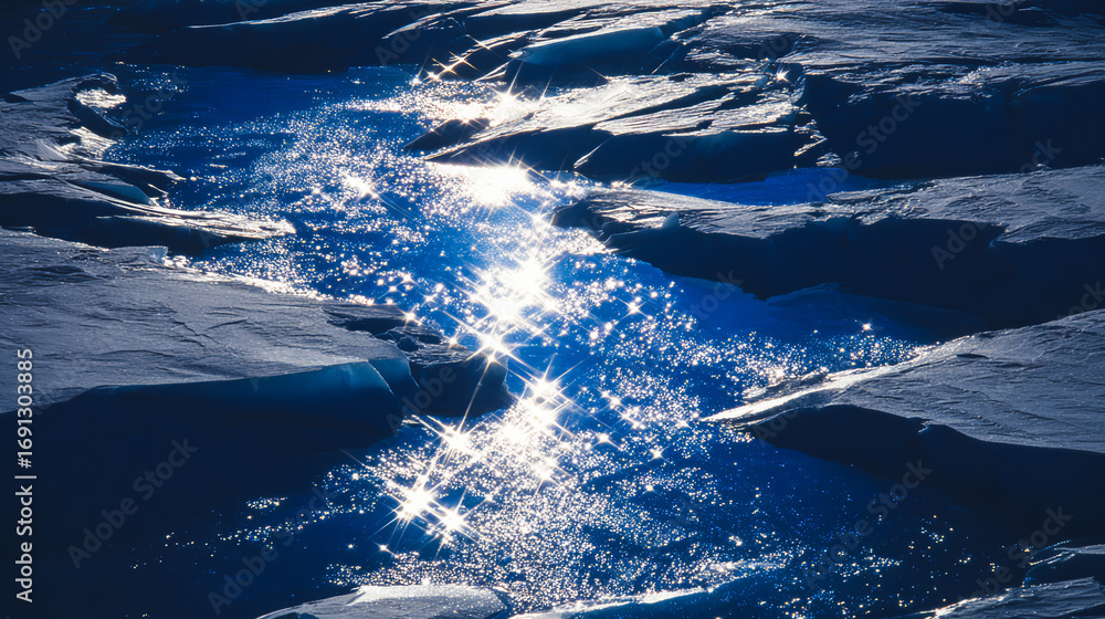 Subglacial rivers of glowing liquid flow beneath geometric ice, casting ...