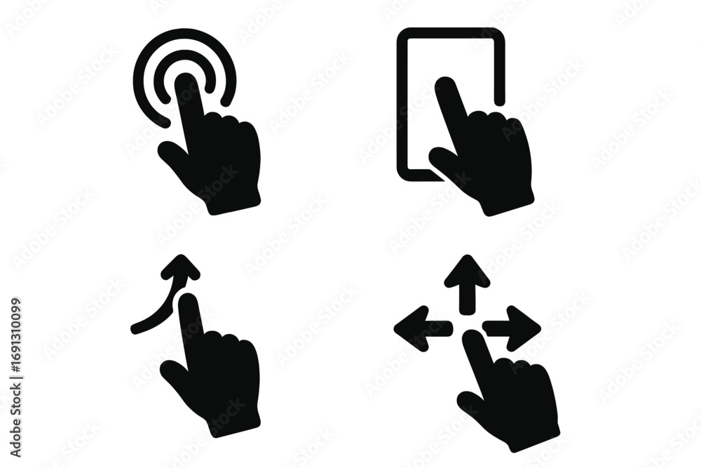 Hand gesture icon set for touchscreen. Finger tap, click, swipe up ...