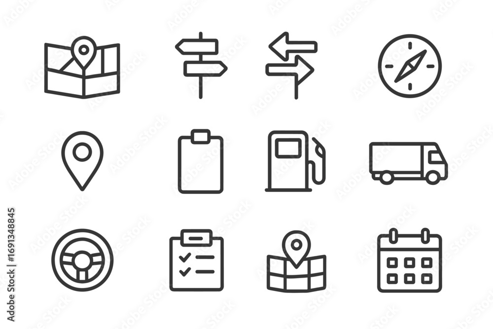 Route Management Icons. Outline icon set of route management: GPS map ...