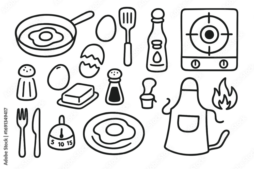 Eggs and Utensils Doodle. Hand-drawn doodle illustration eggs frying ...