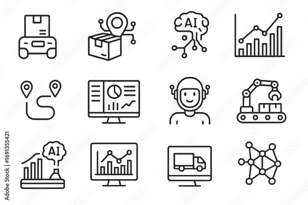 AI Supply Chain Icons. Outline icon set of AI in supply chain ...