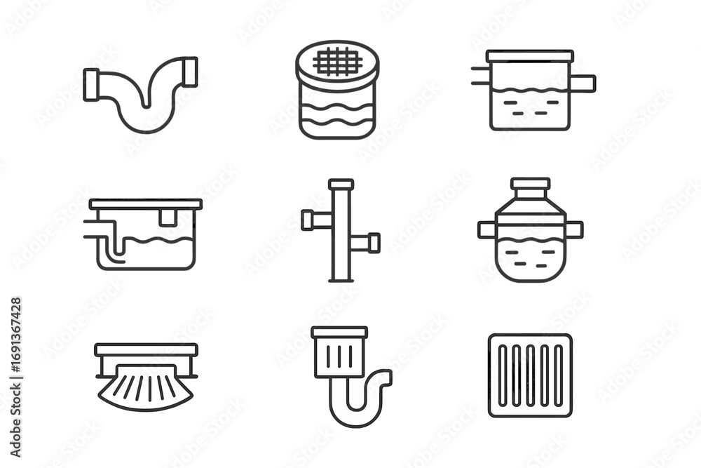 Sewer System Icons. Outline icon set of Sewer and waste systems: sewer ...