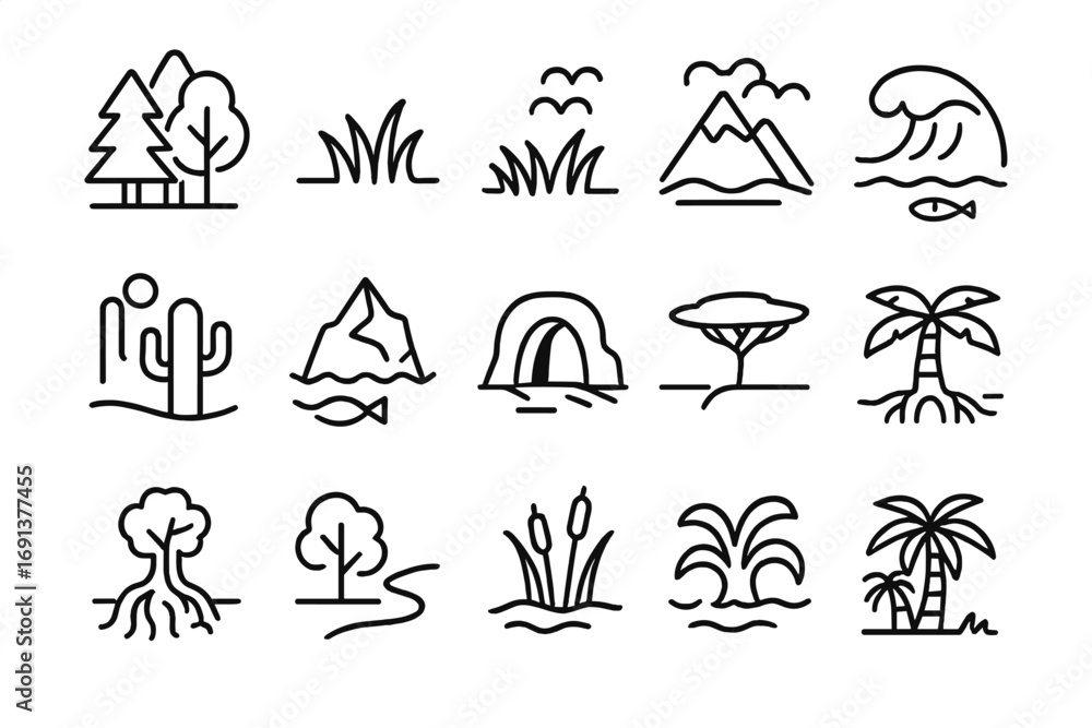 Mammal Habitat Icons. Outline icon set of mammal habitats: forest ...