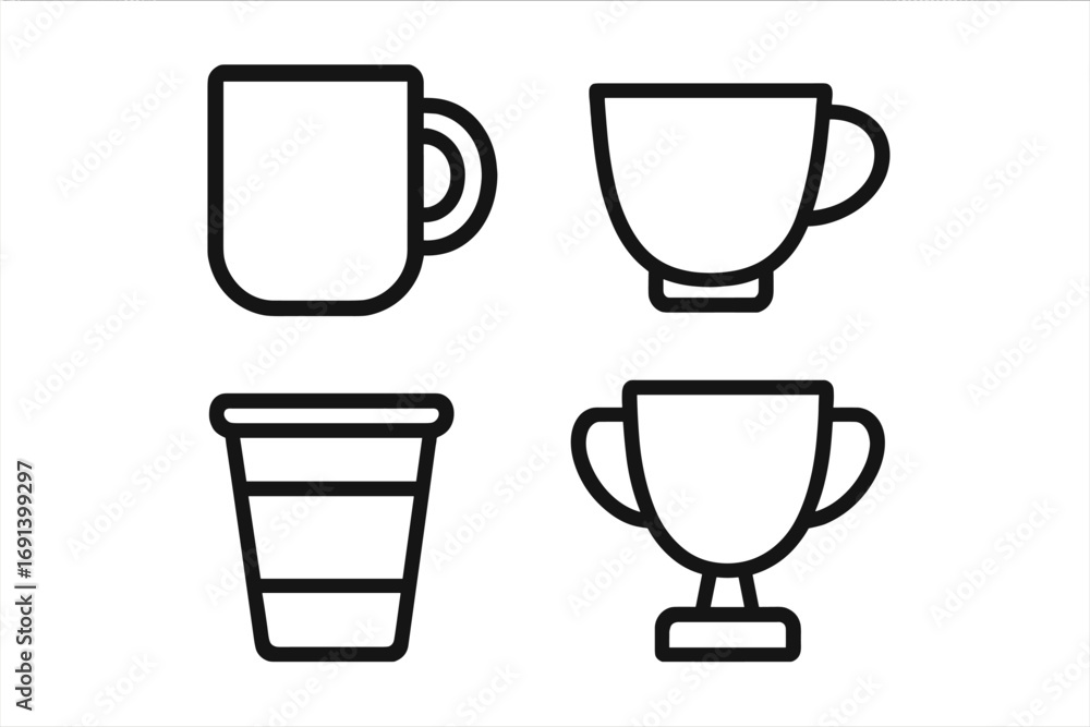 Coffee and tea cup icon set with winner trophy. Vector line art ...