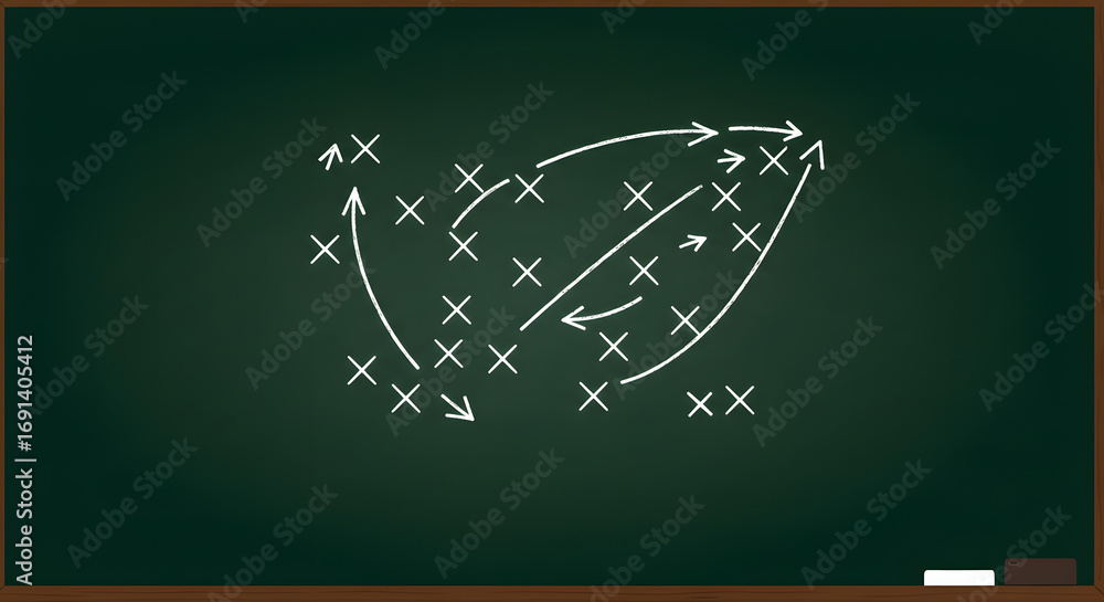 Dynamic strategy diagram with arrows and markers on a chalkboard ...