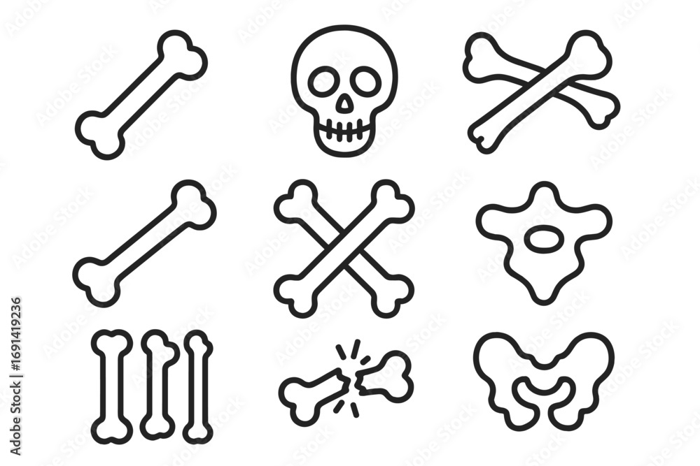 Bone and skull icon set. Vector line art of human skeleton parts for ...
