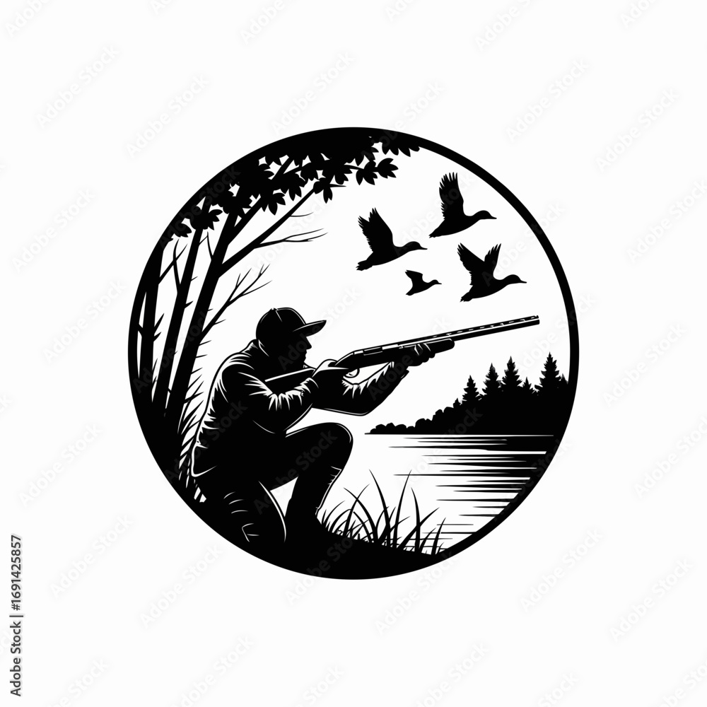 Duck Hunting Silhouette Badge – Vintage Vector Scene with Hunter, Ducks ...