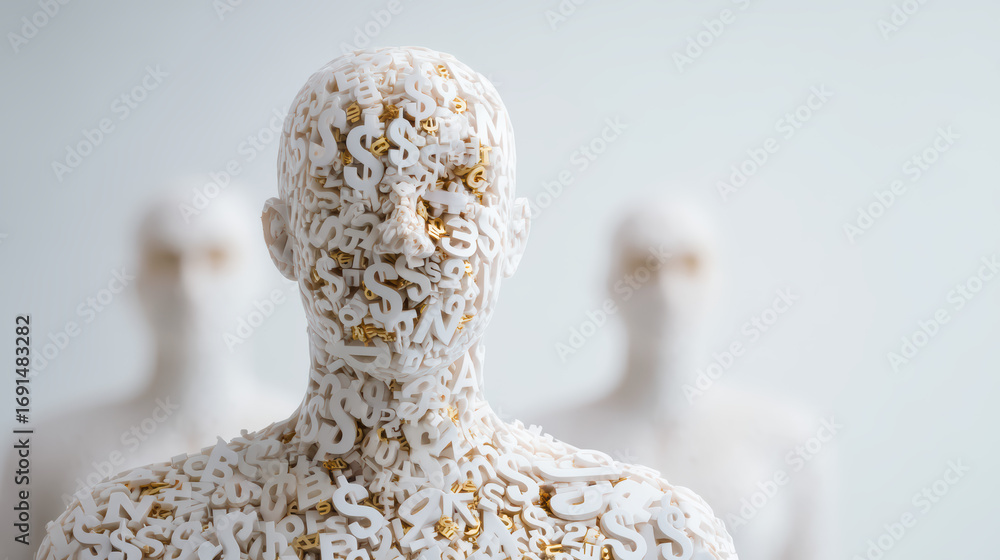 A sculpture of abstract human figures made from interconnected symbols ...