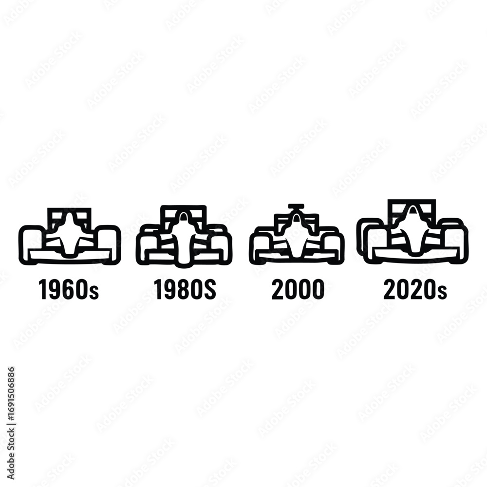 Front view icons illustrating the evolution of Formula 1 race cars from ...