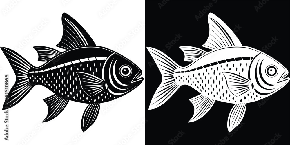 Bold graphic fish silhouette, a striking black and white representation ...