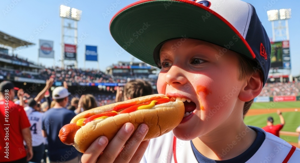 Foto de Stock A young boy wearing a baseball cap and eating a hot dog ...