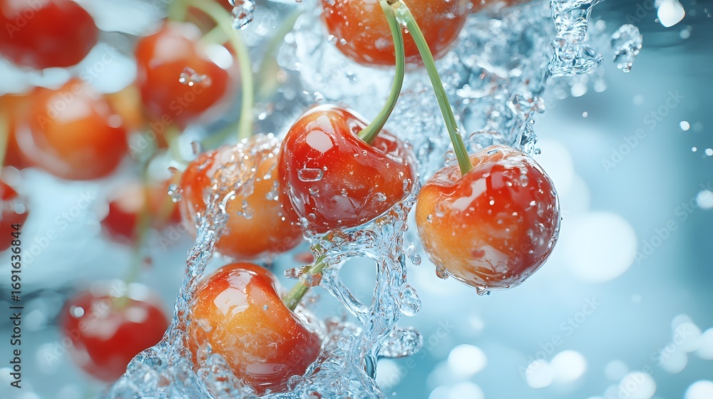 Ripe cherries with stems are falling down through the picture, the ...